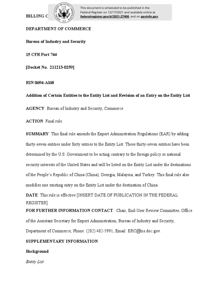 Entity List: Federalregister - Gov/d/2021-27406, and On Govinfo - Gov ...