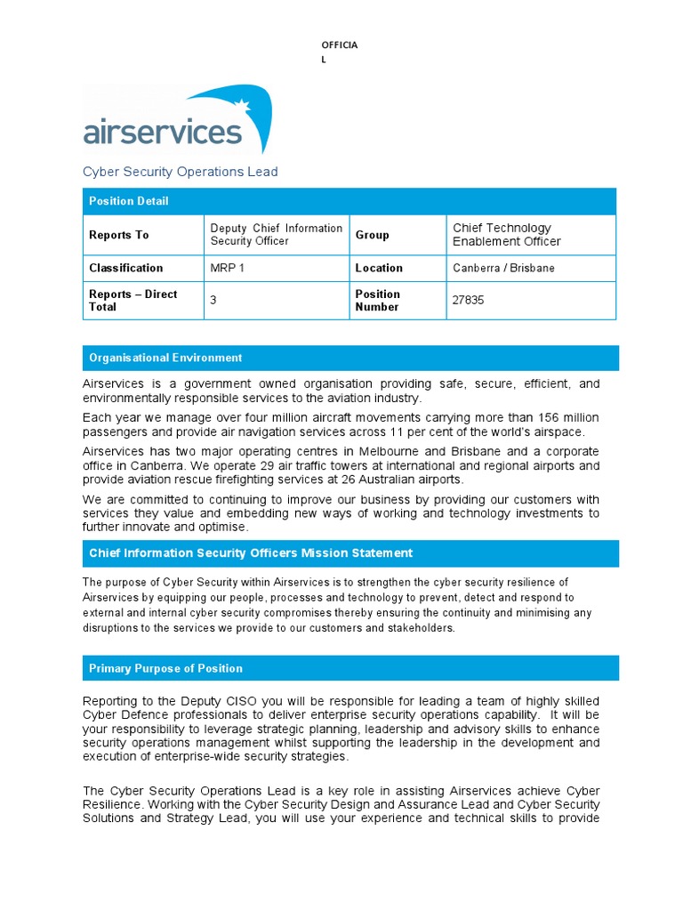 PD - Cyber Security Operations Lead | PDF | Security | Computer Security
