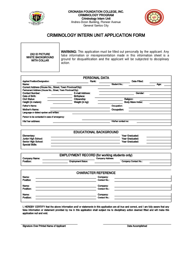 Criminology Intern Unit Application Form: 2X2 Id Picture White ...