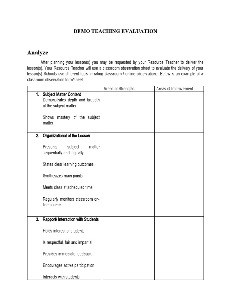 Demo Teaching Evaluation Criteria | PDF | Classroom | Teachers