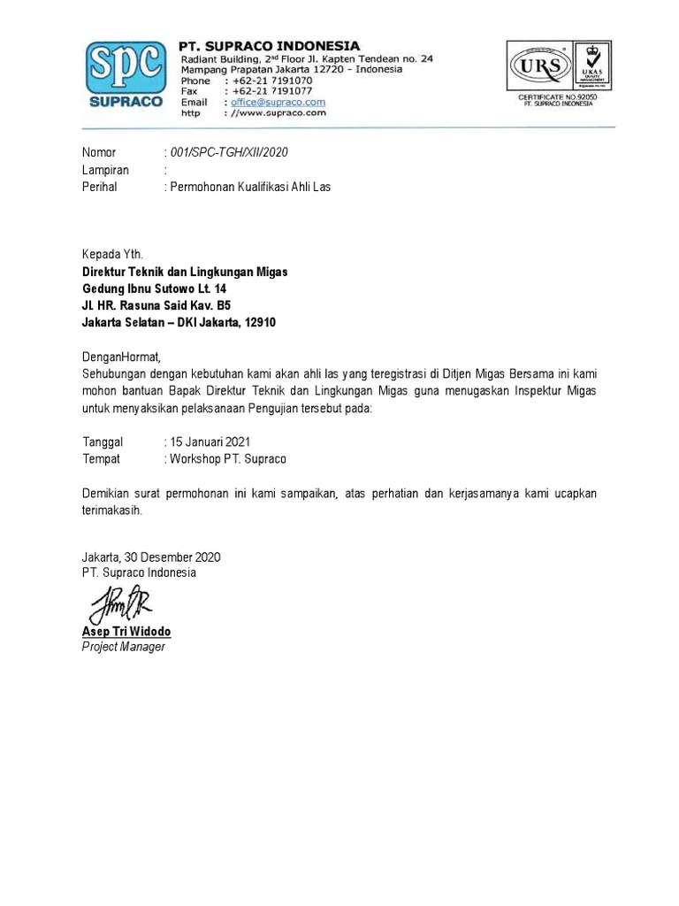 Surat Permohonan Sertifikat Welder SPC | PDF