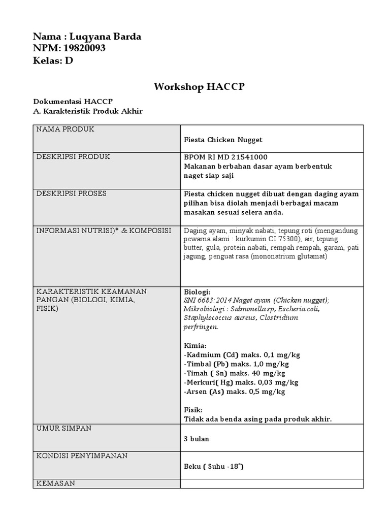 HACCP Nugget Ayam | PDF