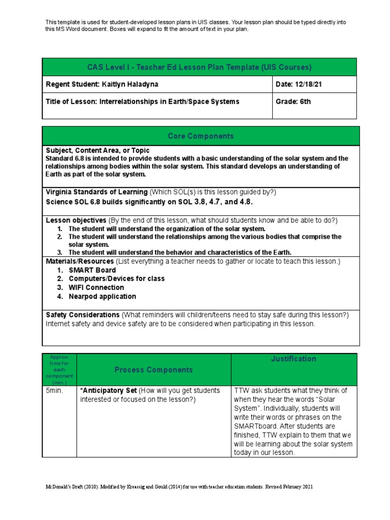 Haladyna Kaitlyn Lesson Plan | PDF | Lesson Plan | Solar System