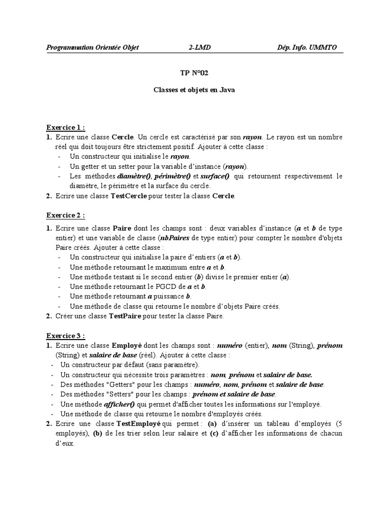 Classes et Objets en Java : TP POO | PDF