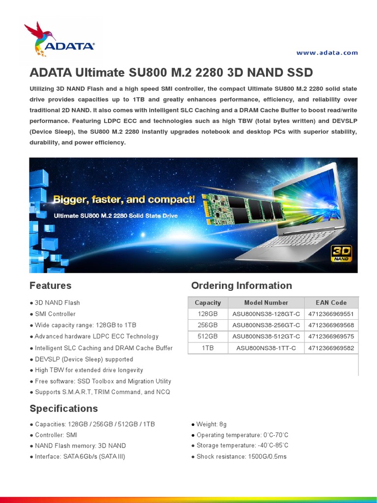 Datasheet - SU800 M.2 2280 - EN - 202003 | PDF | Solid State Drive | Flash Memory
