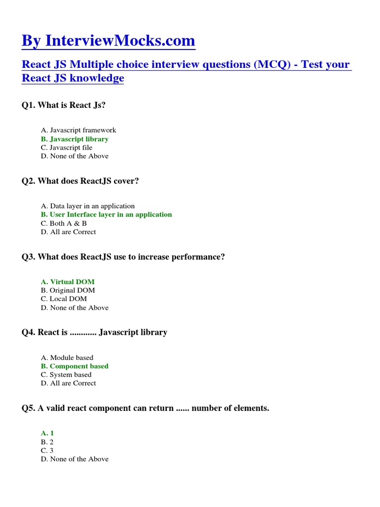 React JS Multiple Choice Interview Questions (MCQ) - Test Your React JS ...