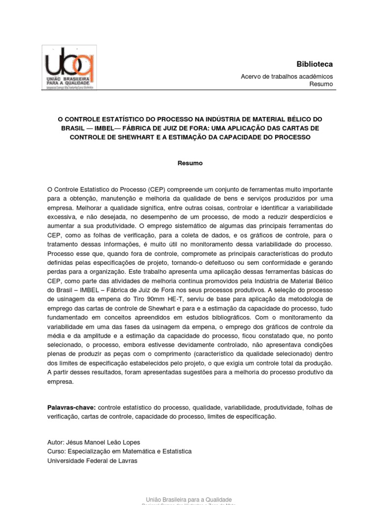 Biblioteca Acervo Trabalhos Academicos Cep Resumo | PDF | Qualidade (negócios) | Estatísticas