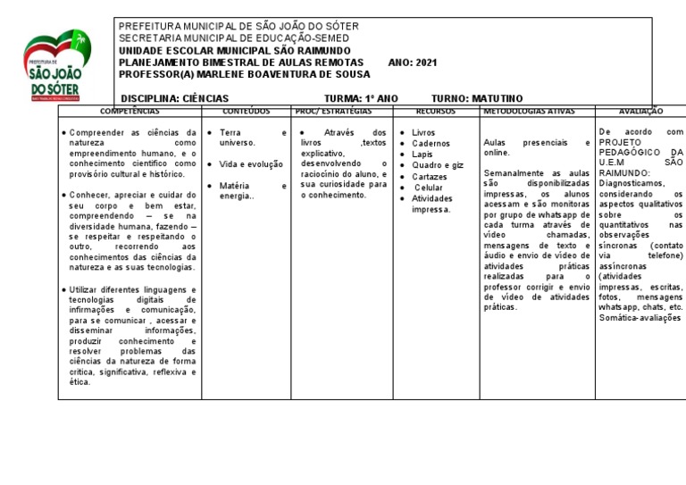 Plano 1º Ano - Ciencias | PDF | Science | Ciência e Tecnologia