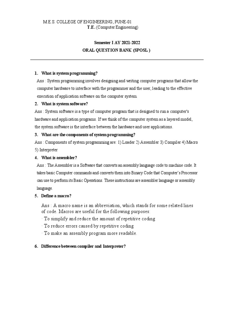 Spos Oral Que With Ans | PDF | Parsing | Process (Computing)