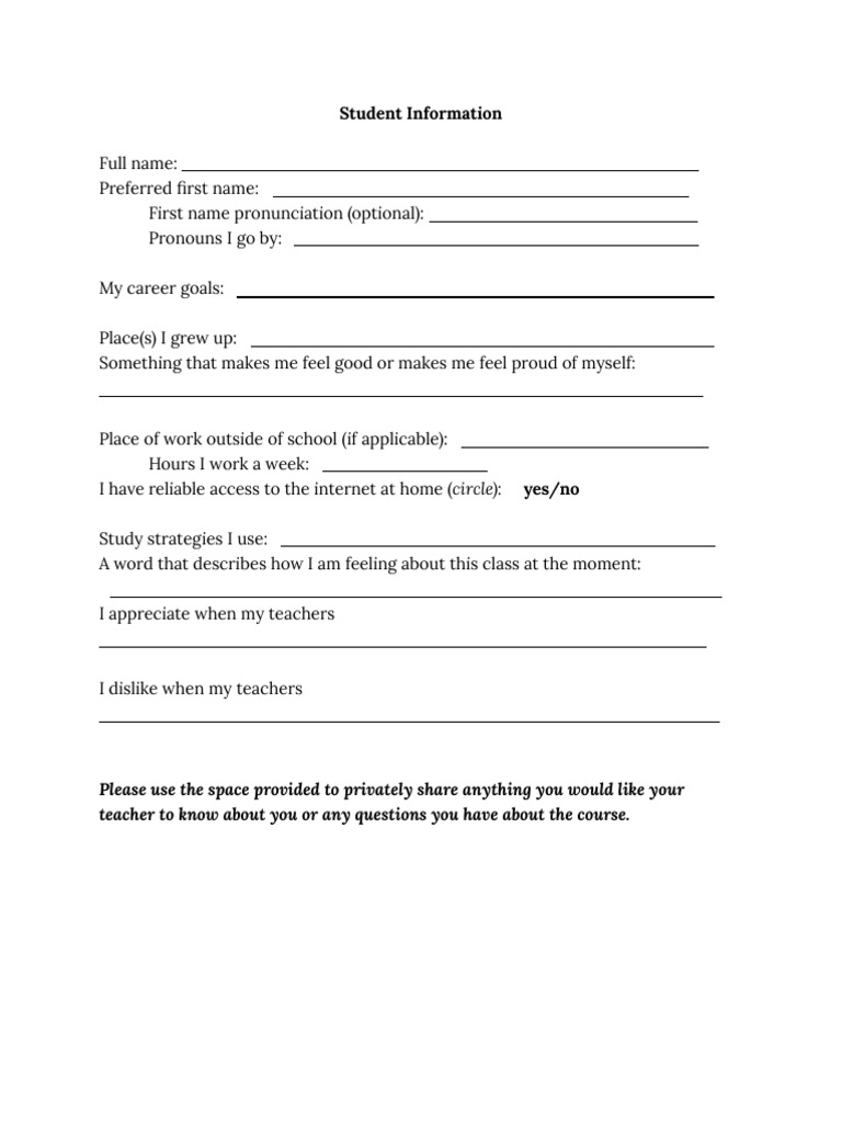 First Day of School Student Info Sheet 1 | PDF