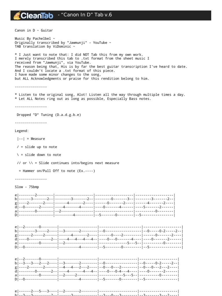 Canon in D Guitar Tab Transcription | PDF | Pachelbel's Canon | Musical ...