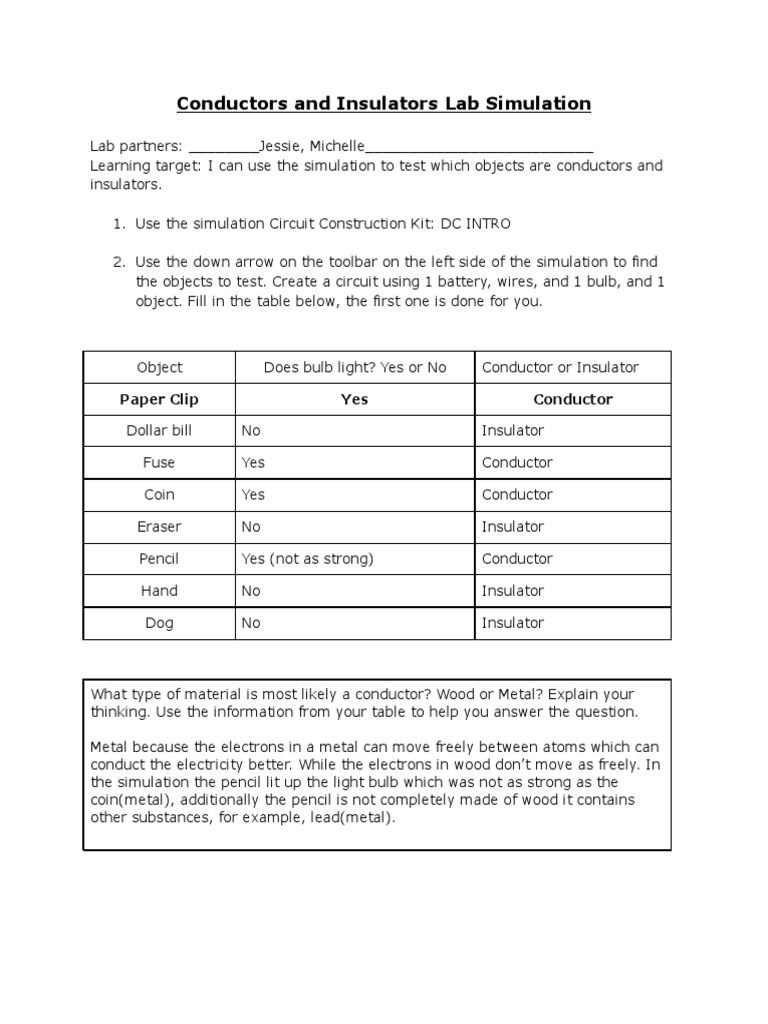 Phet Online Lab Conductors and Insulators1 | PDF | Insulator ...