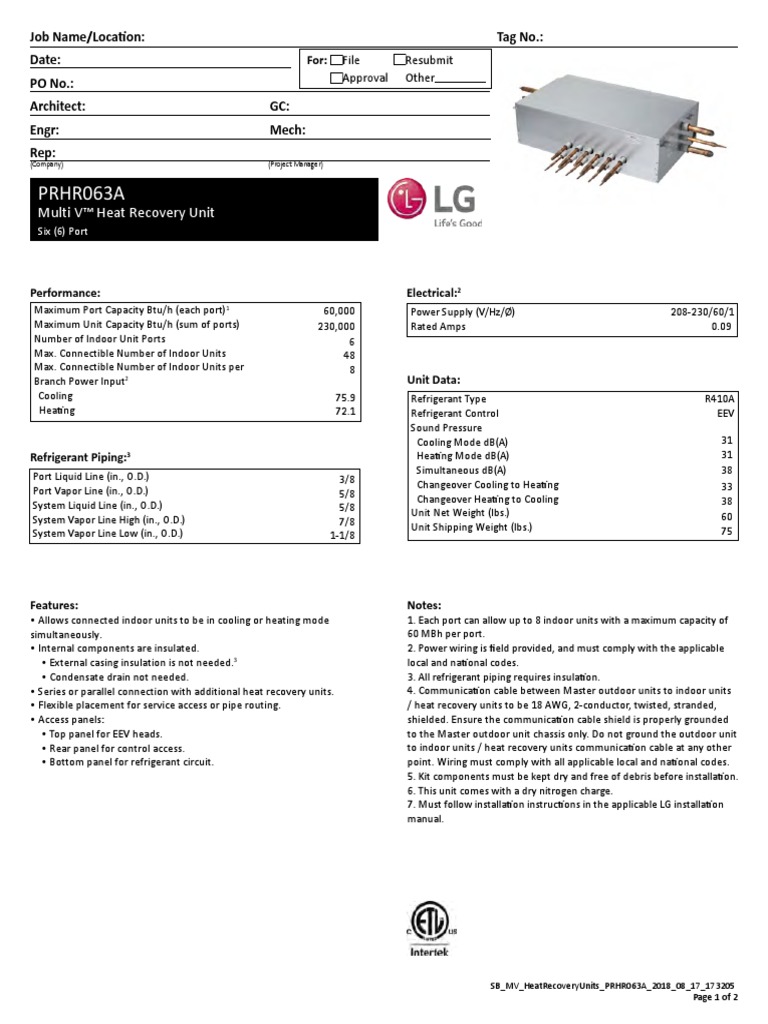 PRHR063A: Multi V™ Heat Recovery Unit | PDF | Electrical Wiring ...