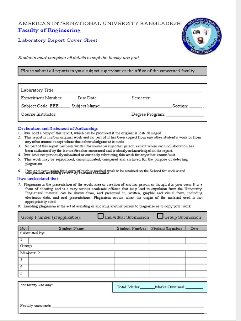 AIUB Lab Report Cover Sheet Details | PDF | Plagiarism | Academia