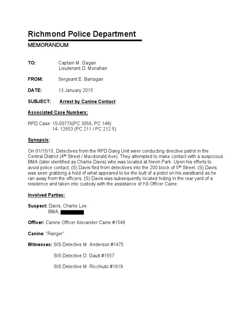Richmond Police Department: Memorandum | PDF | Police Dog | Arrest