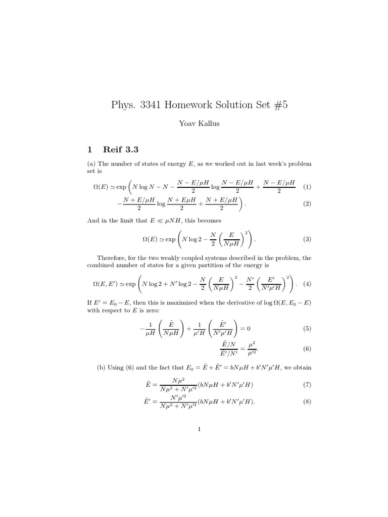 Phys. 3341 Homework Solution Set #5: 1 Reif 3.3 | Download Free PDF | Normal Distribution ...