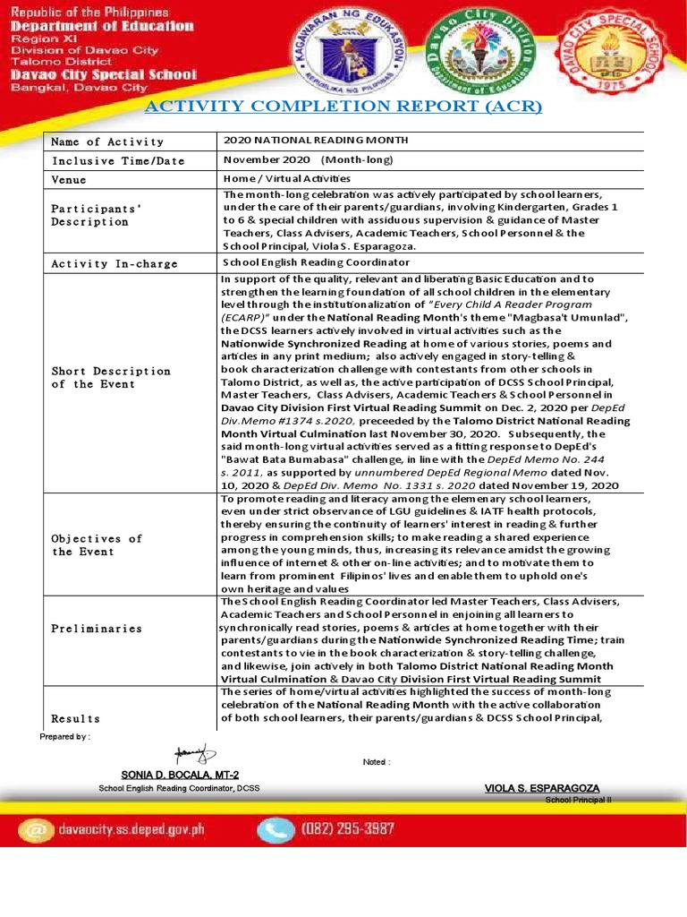 Activity Completion Report (Acr) : Prepared By: Noted: School English ...