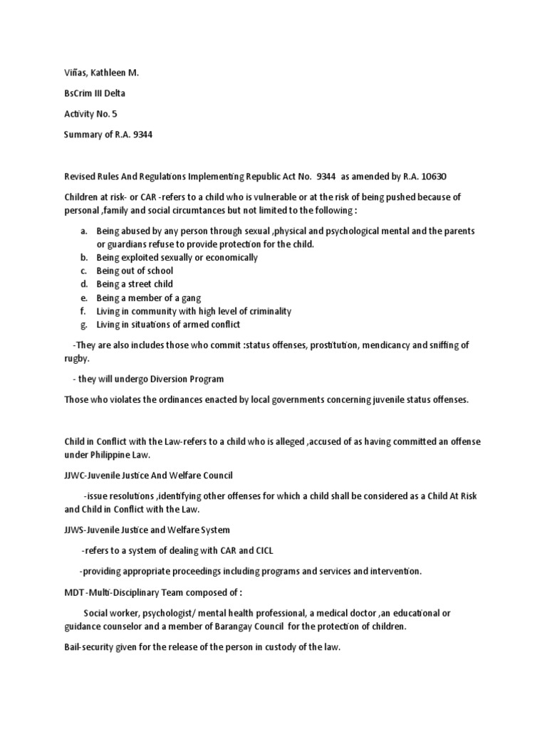 Summary Ra9344 | PDF | Juvenile Court | Crimes
