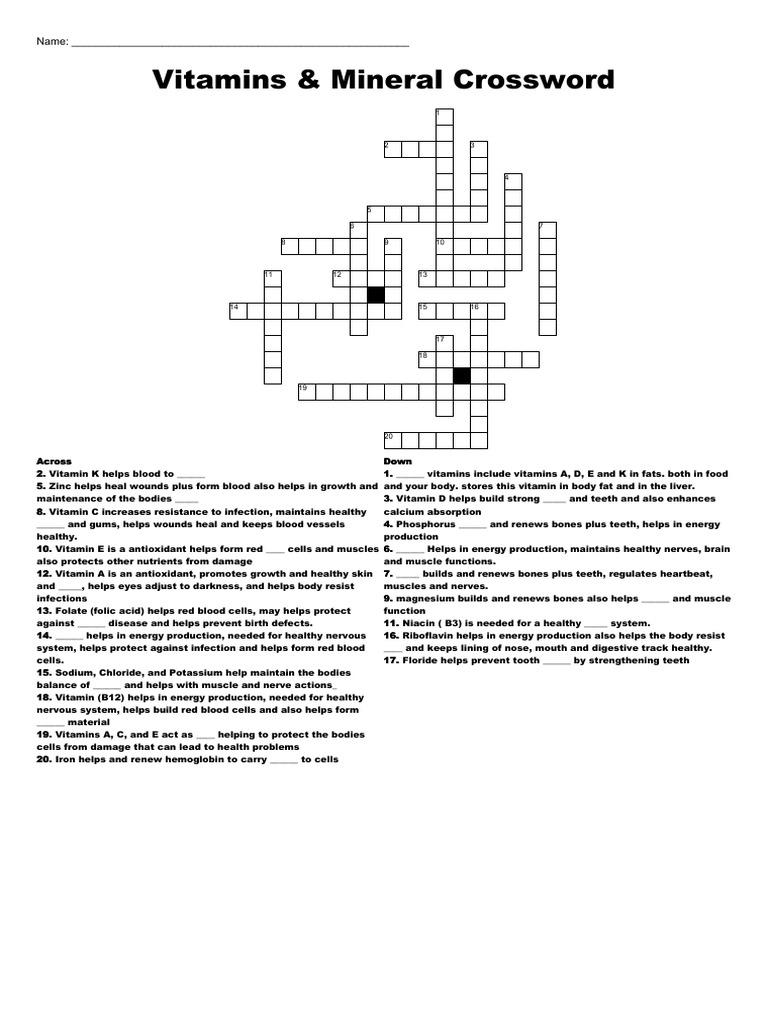 Vitamins and Minerals Crossword Puzzle | PDF | Vitamin | Nutrients