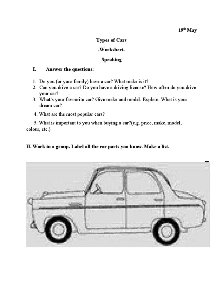 Types of Cars Worksheet and Questions | PDF