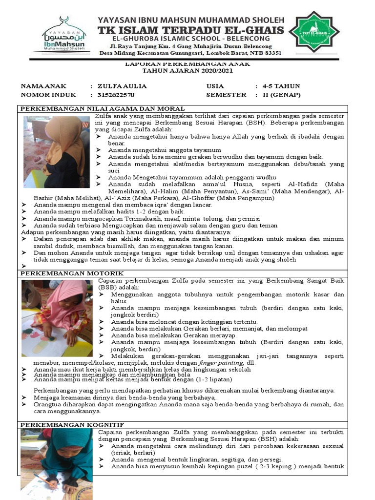 Contoh Rapot Tematik TKIT | PDF