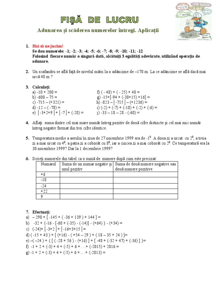 Fisa de Lucru Adunarea Si Scaderea Numerelor Intregi Cls A Via | PDF