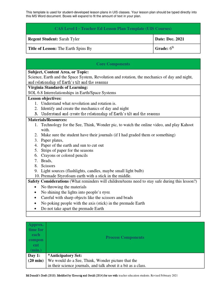Tyler Sarah E-Portfolio Assignment Lesson Plan | PDF | Lesson Plan | Earth