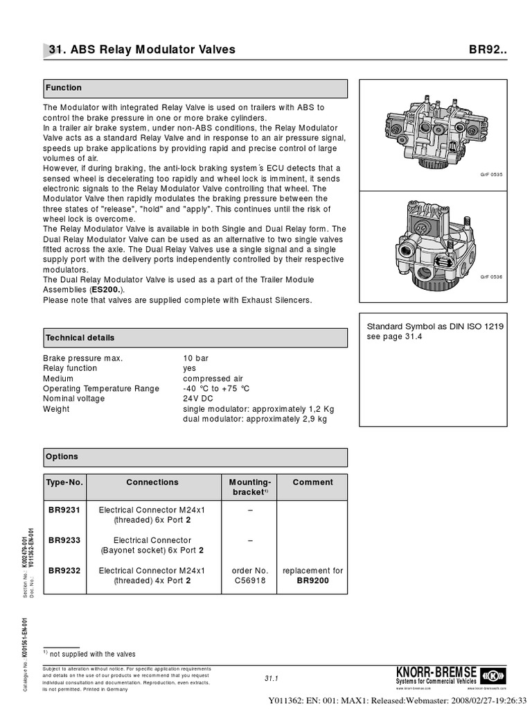 ABS Relay Modulator Valves BR92..: Function | PDF | Anti Lock Braking ...