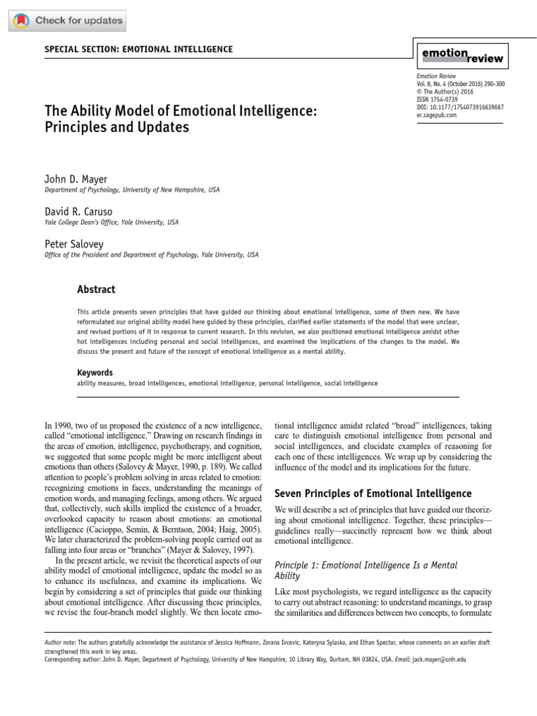 Mayer, Caruso, & Salovey. The Ability Model of EI. Principles and ...