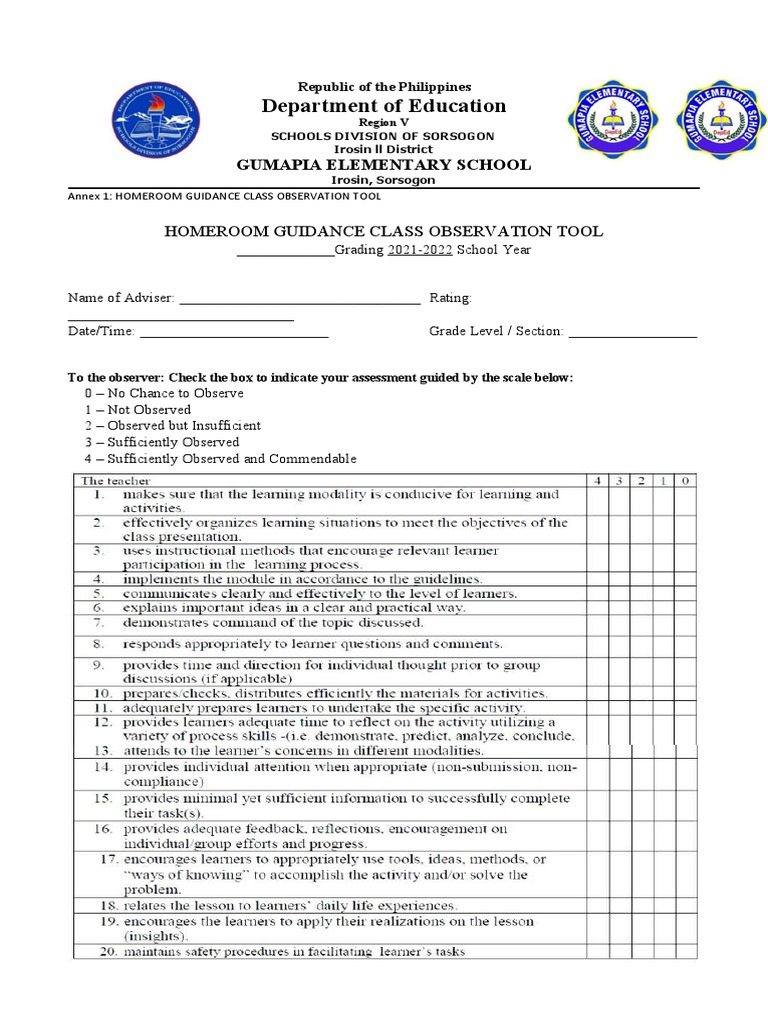 Department of Education: Homeroom Guidance Class Observation Tool | PDF ...