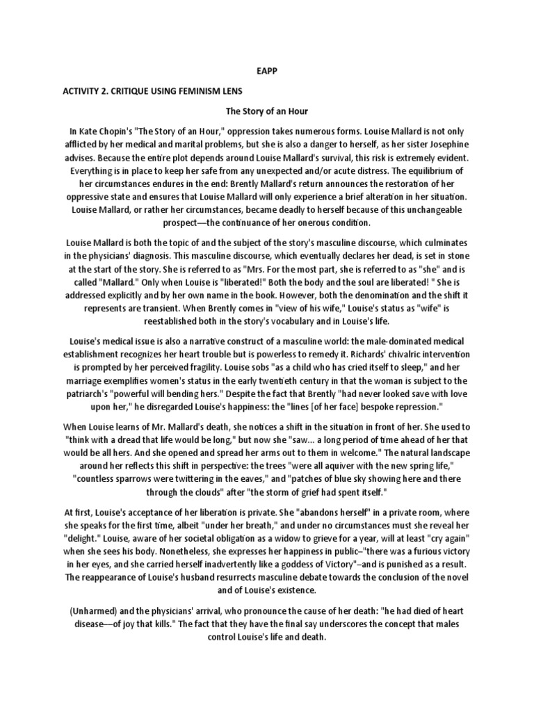 Eapp Activity 2. Critique Using Feminism Lens The Story of An Hour | PDF
