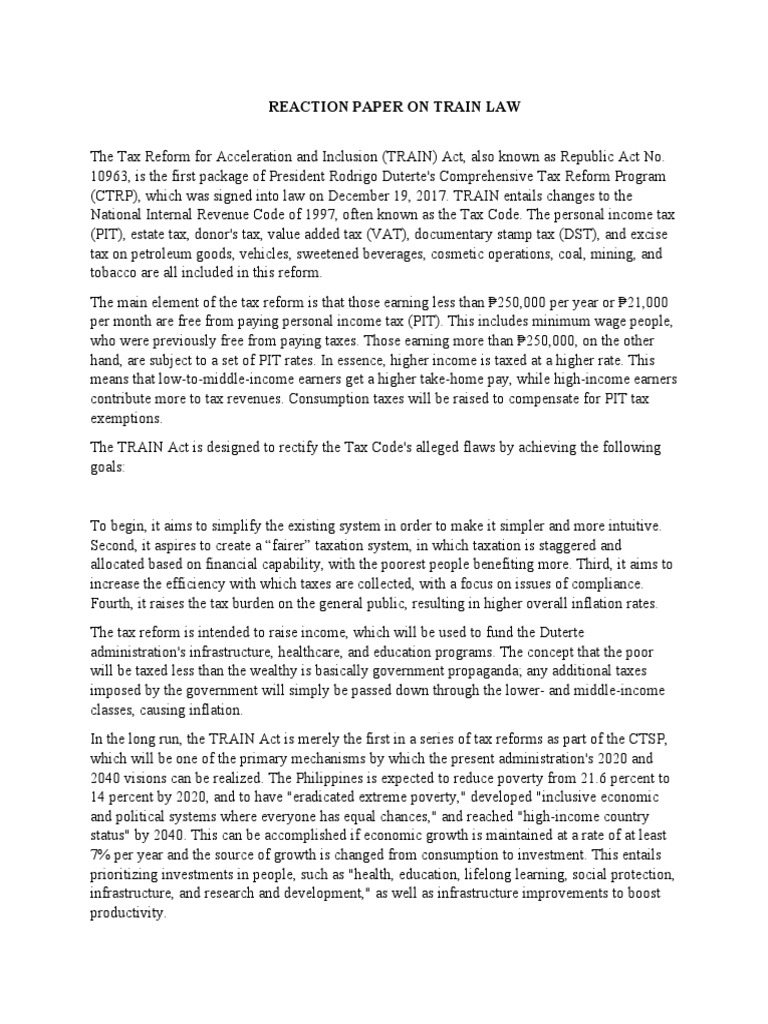 Reaction Paper On Train Law | PDF | Taxes | Poverty & Homelessness