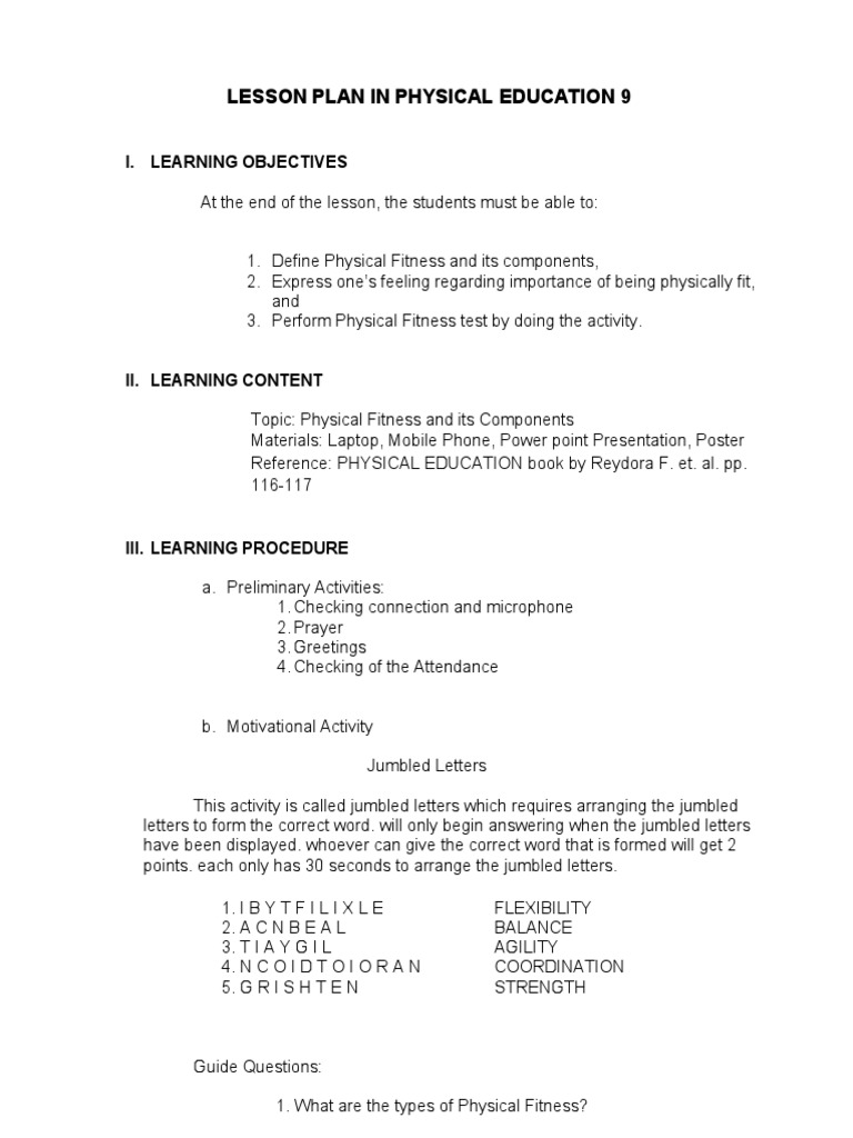Lesson Plan in Physical Education 9: I. Learning Objectives | PDF ...