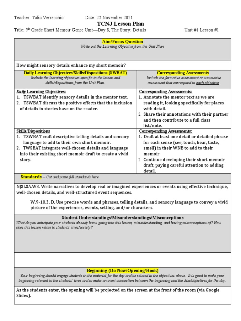 TCNJ Lesson Plan: Aim/Focus Question | PDF | Lesson Plan | Senses
