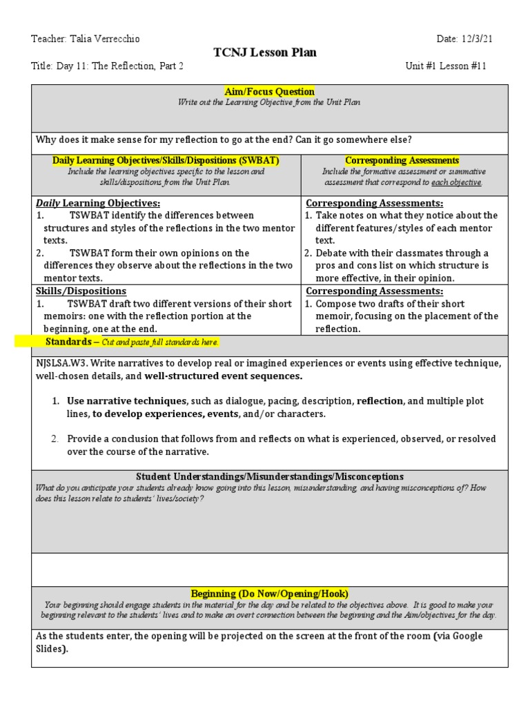 TCNJ Lesson Plan Template 1 - 3 | PDF | Teachers | Narrative