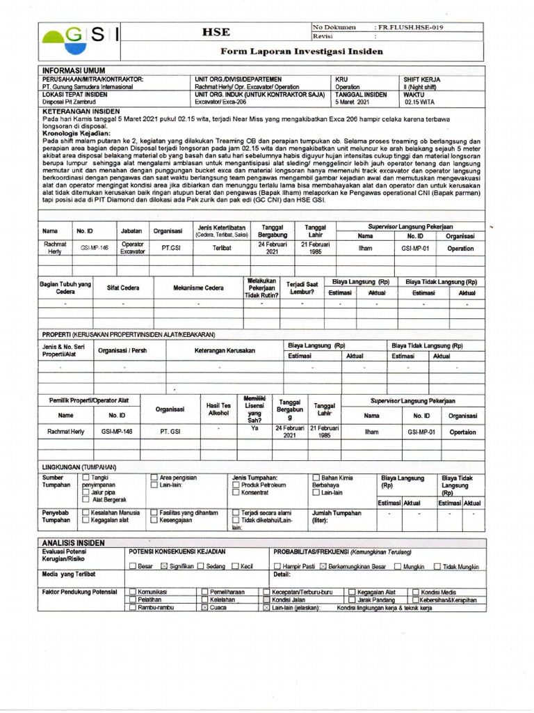 Laporan Investigasi Near Miss (GSI - 050321) | PDF