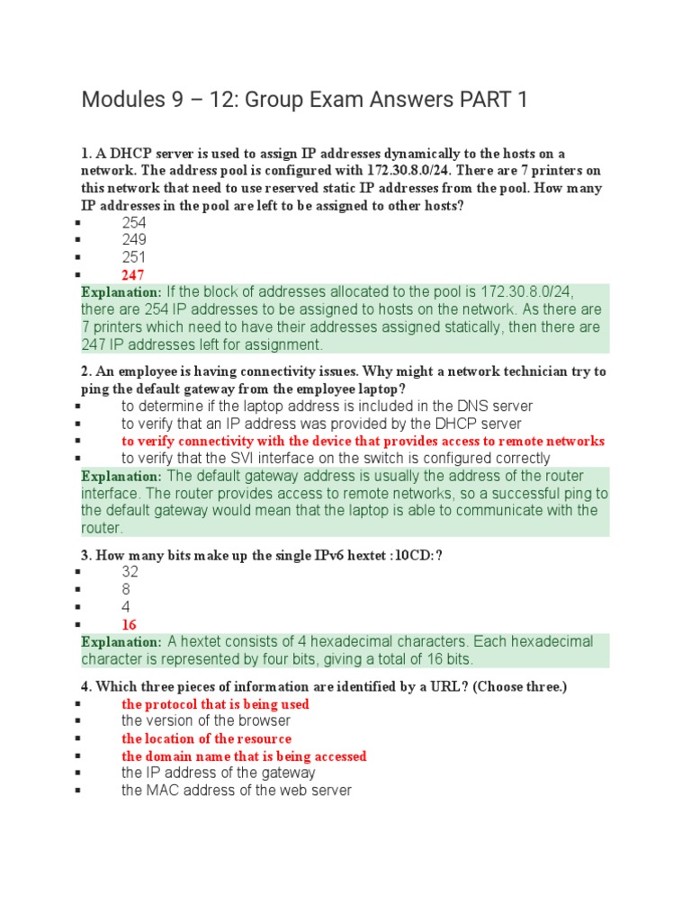 Modules 9 - 12 Group Exam Answers PART 1 | PDF | Ip Address | Internet ...