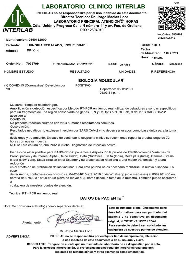 Resultado PCR COVID-19 Positivo | PDF | Reacción en cadena de la ...