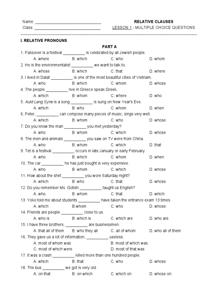 Relative Clauses - 1 - Multiple Choice | PDF Relative Clauses - 1 - Multiple Choice | PDF