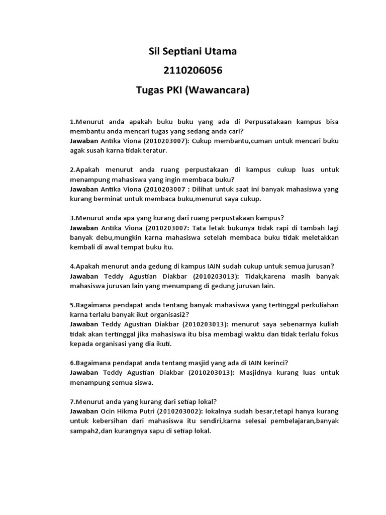 Sil Septiani Utama 2110206056 Tugas PKI (Wawancara) | PDF | Ilmu Sosial