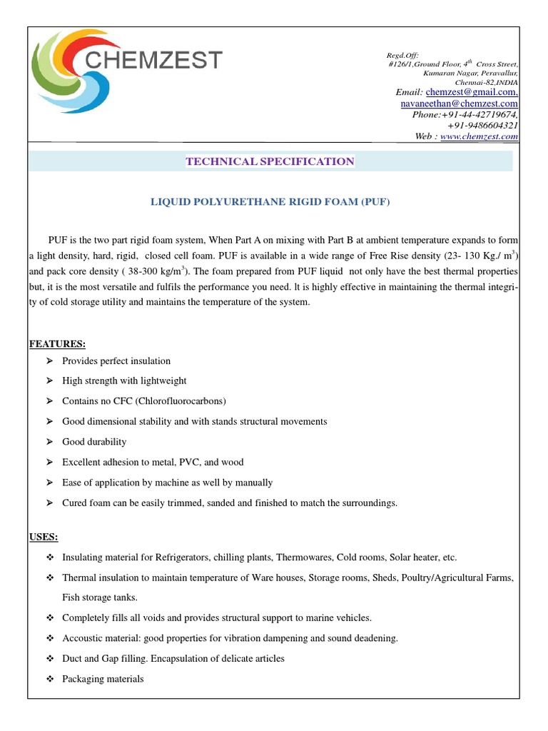Technical Specification: Liquid Polyurethane Rigid Foam (Puf) | PDF ...