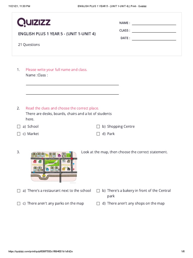 ENGLISH PLUS 1 YEAR 5 - (UNIT 1-UNIT 4) - Print - Quizizz | PDF ...