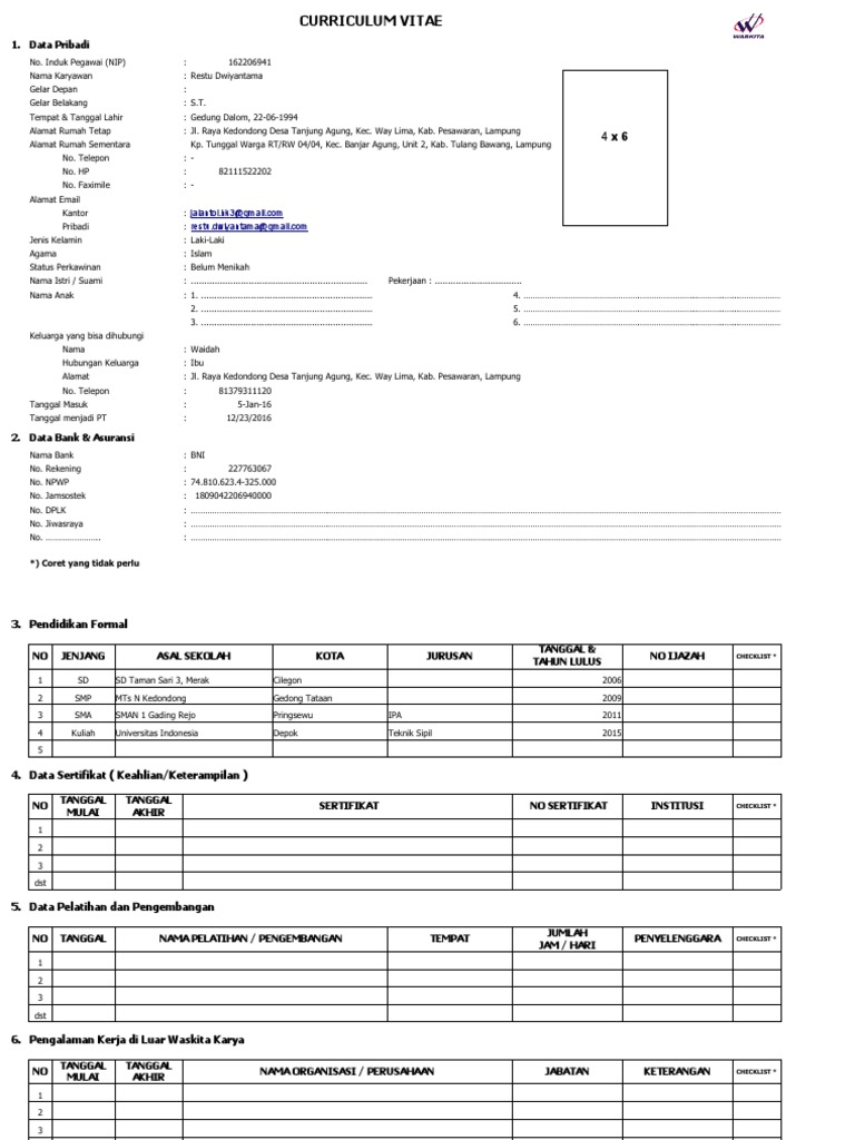 Form CV Waskita | PDF