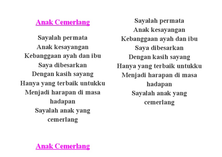 LIRIK LAGU Anak Cemerlang | PDF
