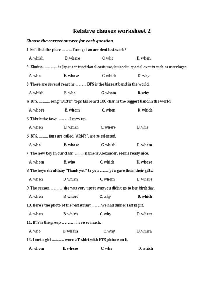 Relative Clauses Worksheet 2 | PDF