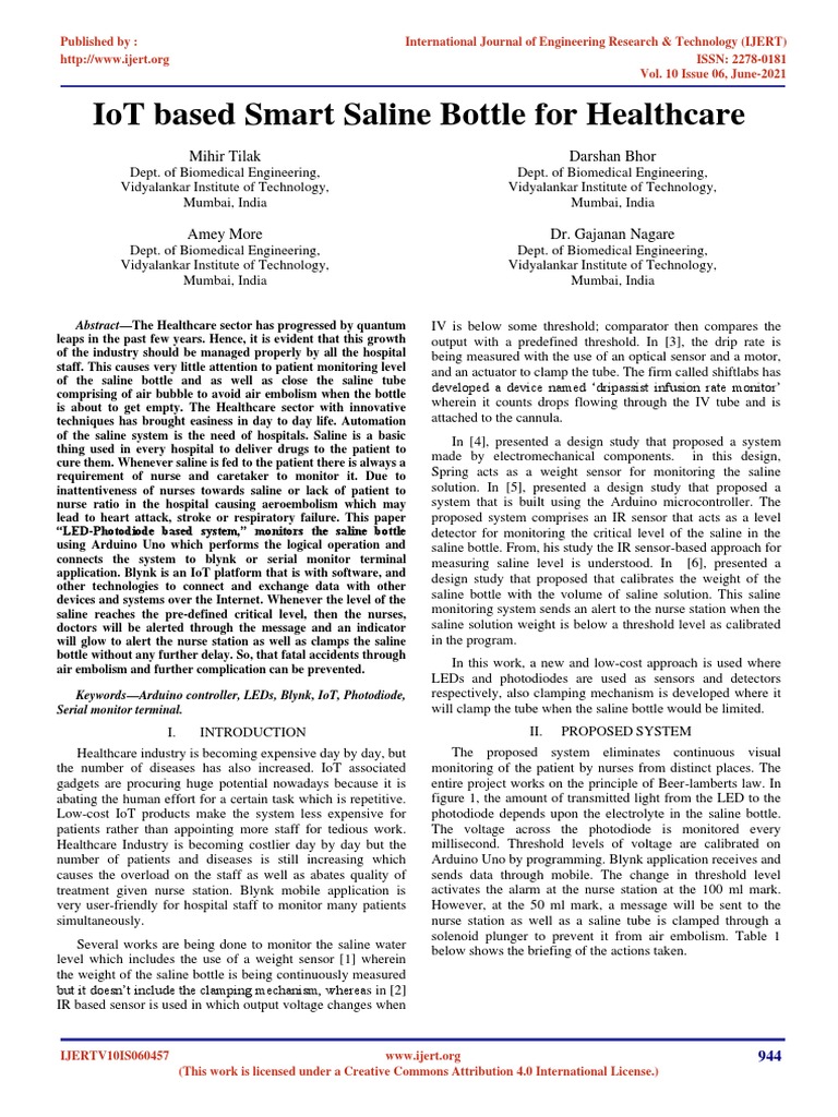 Iot Based Smart Saline Bottle For Healthcare IJERTV10IS060457 | PDF | Arduino | Diode