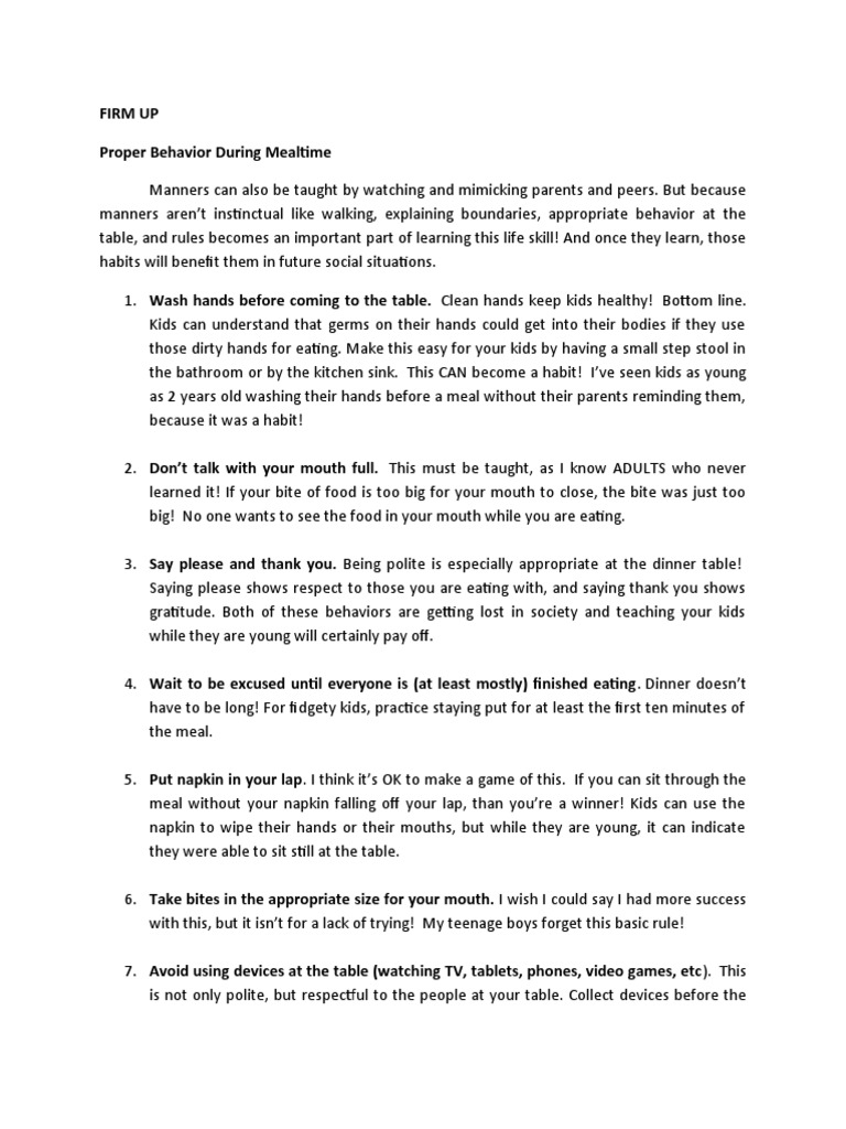 Proper Behavior During Mealtime | PDF