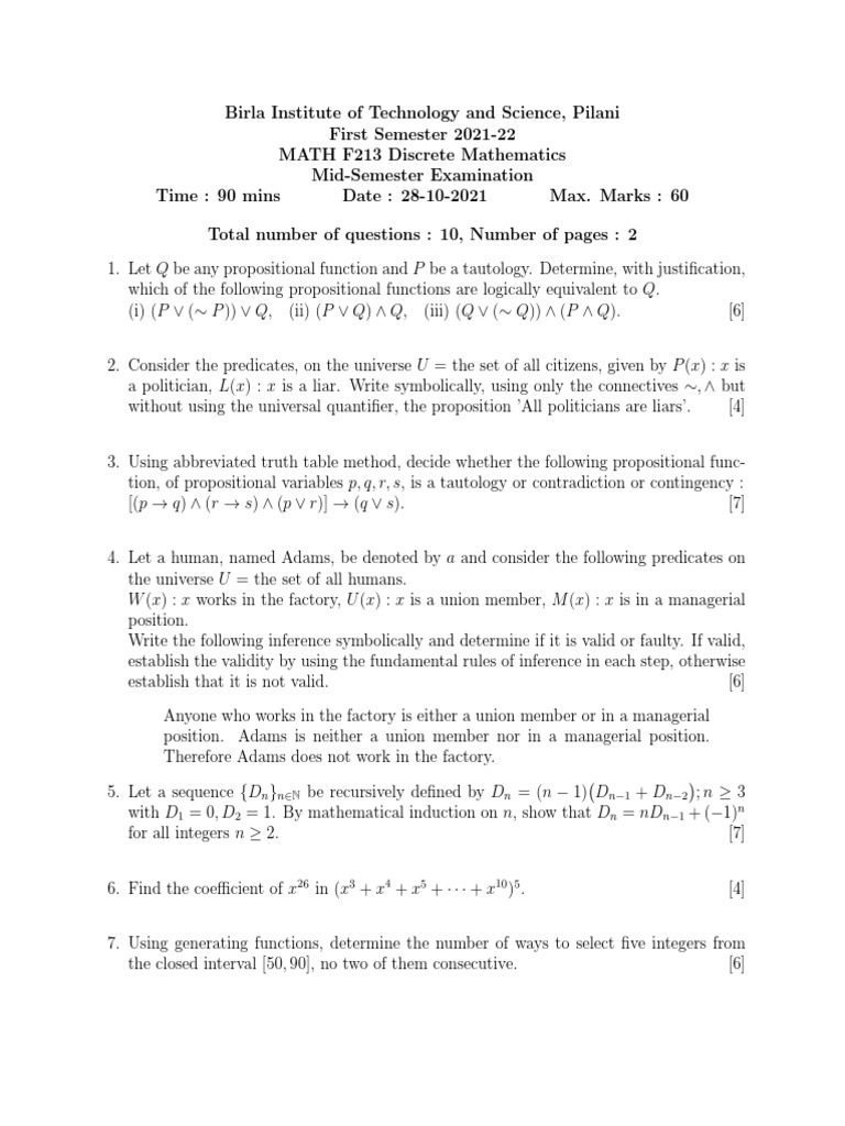 Discrete Math - Midsem | Download Free PDF | Mathematics | Logical ... Discrete Math - Midsem | Download Free PDF | Mathematics | Logical ...