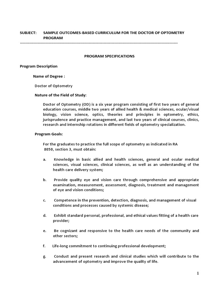 Subject: Sample Outcomes-Based Curriculum For The Doctor of Optometry ...