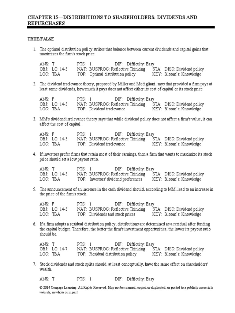 CH 15 Practice MCQ - S Financial Management by Brigham | PDF | Dividend ...